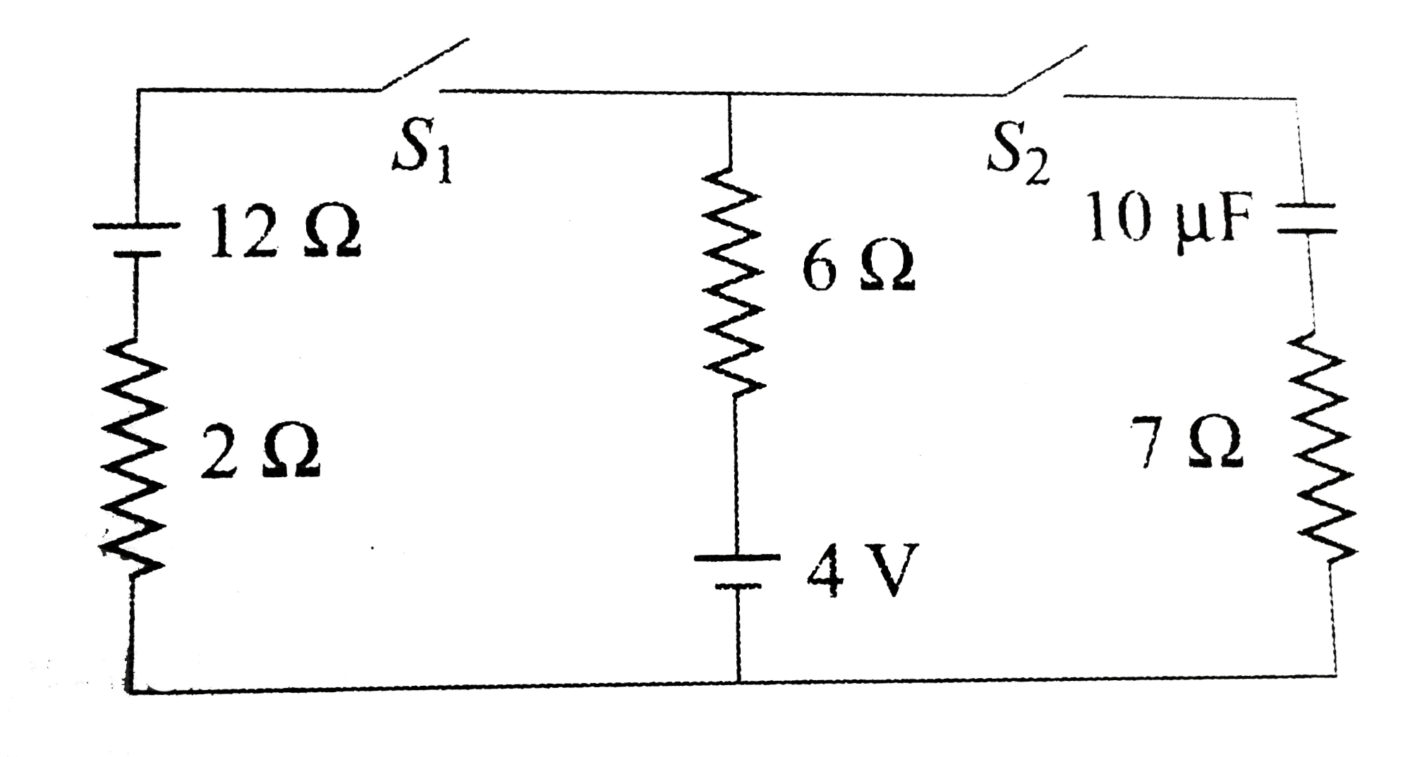 In the circuit shown , if switches S1 and S2 have been closed for a lo