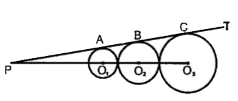 In the given figure, PT is a common tangent to three circles at points
