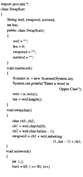 A class SwapSort has been defined to perform string related operations