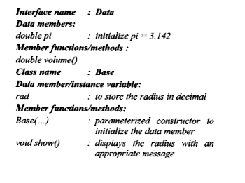 An interface Data is defined with a data member and a method volume wh