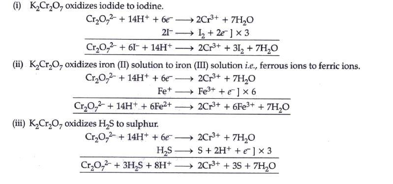 Describe the oxidising action of potassium dichromate and write the io
