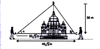 Two men on either side of temple of 30m height observe its top at the