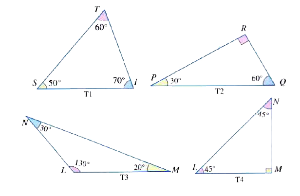 Identify the triangles given below as acute- angled, right - angled or