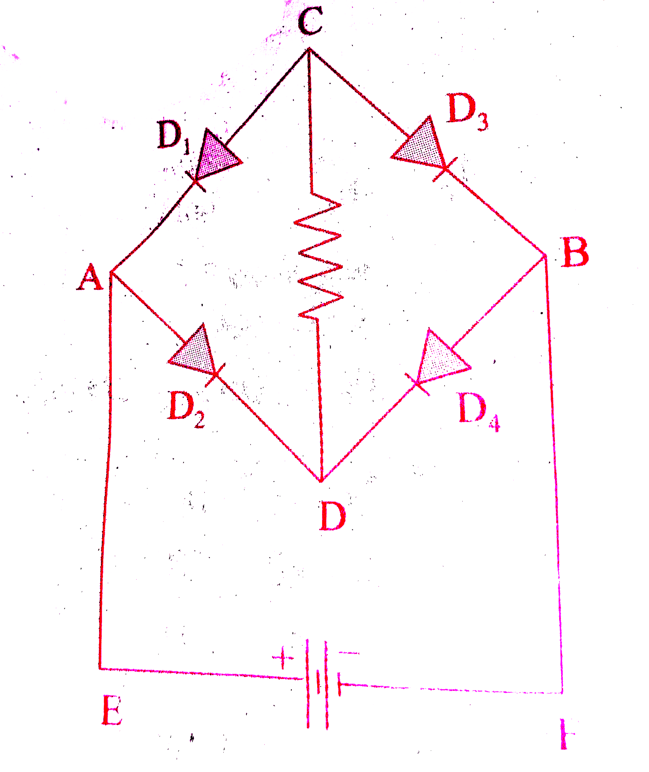Four silicon diodes and a 10Omega resistance are connected as shown in