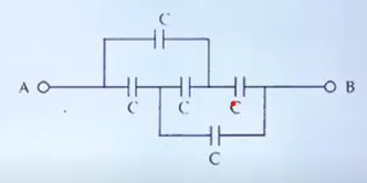 Five equal capacitors, each with capacitance C are connected as shown.