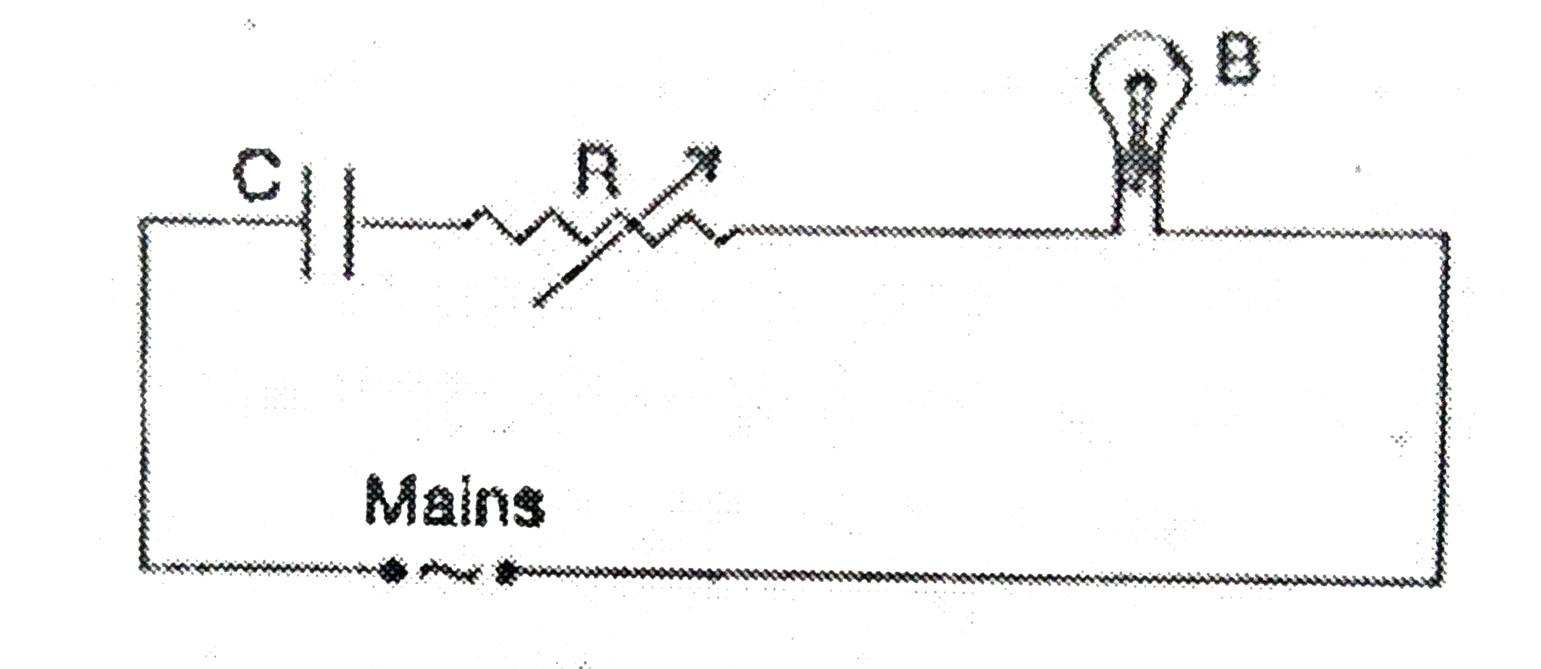 A capacitor 'C', variable resistor 'R' and a bulb 'B' are connected in