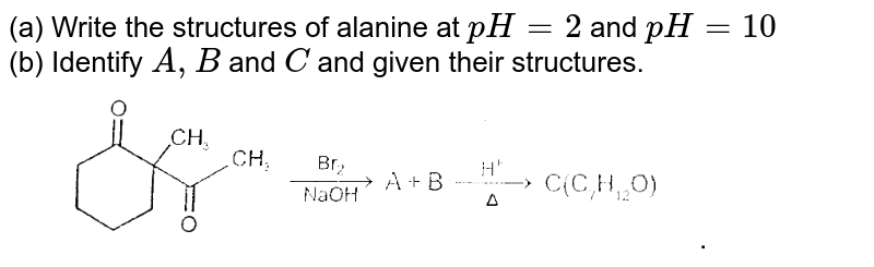 Write the structure of alanine at pH = 2 and pH = 10.