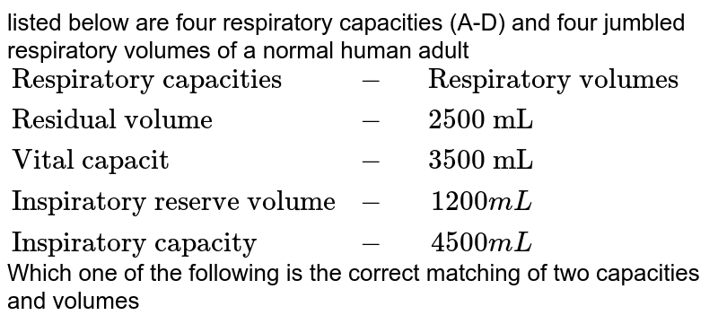Listed below are four respiratory capacities and four jumbled res