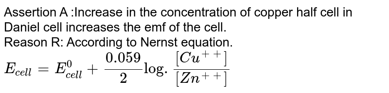 Write the Nernst equation for the cell reaction in the Daniel cell