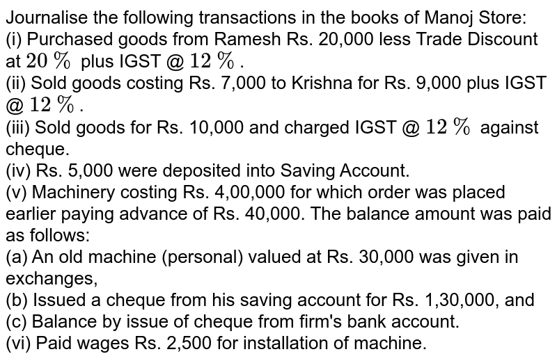 Journalise the following transactions in the books of Manoj Store: