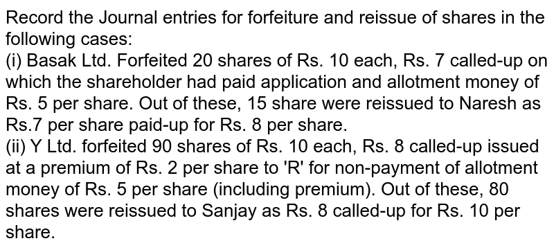 Record the Journal entries for forfeiture and reissue of shares in Record the Journal entries for forfeiture and reissue of shares in
