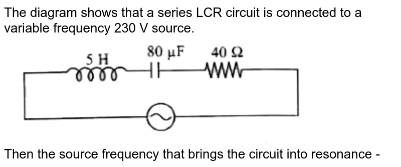 The figure shows a series LCR circuit connected to a variable freq