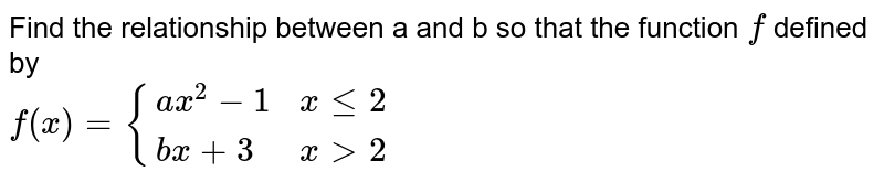 Find the relationship between a and b so that the function f defin