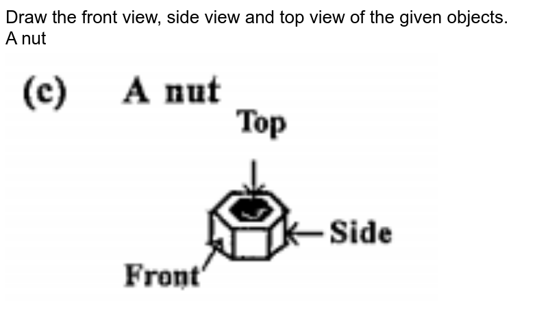 Draw the front view side view and top view of the given objects.