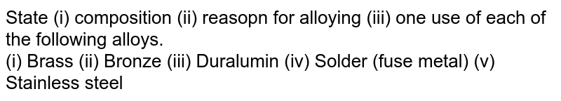 State the main constituent metal in each alloy : 1. Duralumin 2. B