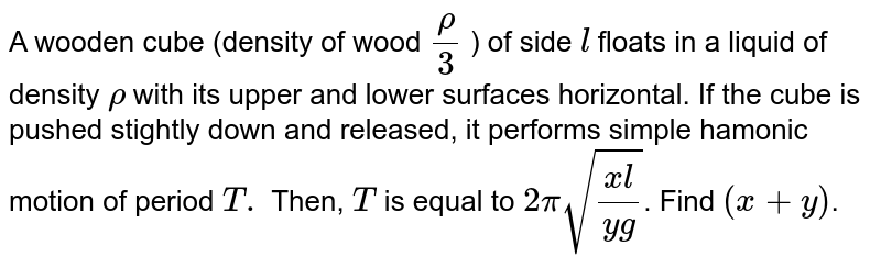 A wooden cube density of wood d of side l floats in a liquid of de