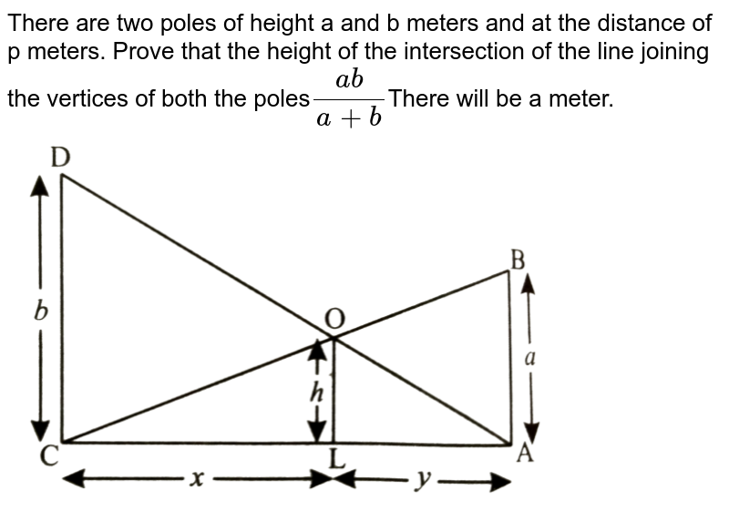 Two poles of height o metres and b metres are p metres apart. Prov