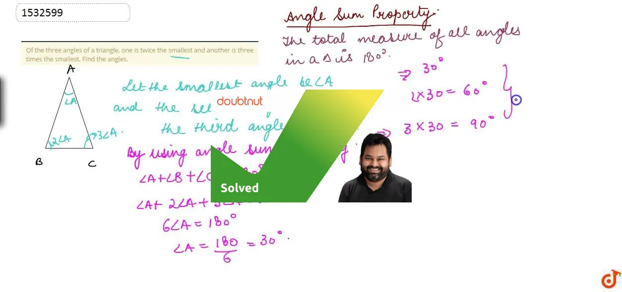 Of the three angles of a triangle, one is twice the smallest and ano
