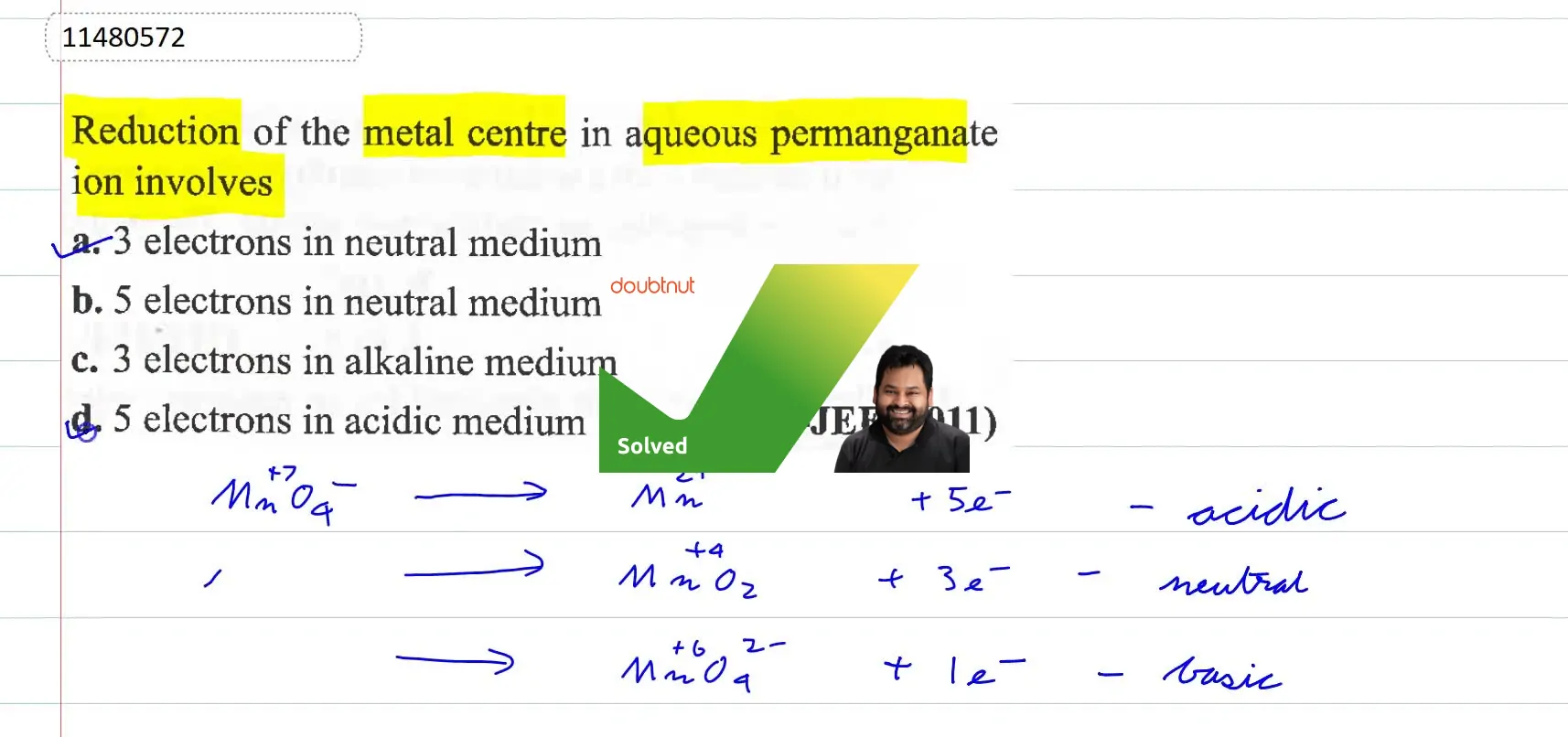 Reduction Of The Metal Centre In Aqueous Permanganate Ion Involves