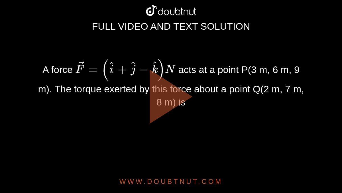 A force vecF = (hati+hatj-hatk)N acts at a point P(3 m, 6 m, 9 m). The